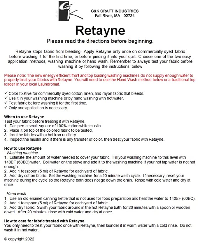 RETAYNE COLOR FIXATIVE - 16-OZ. - Maple Leaf Quilting Company Ltd ...